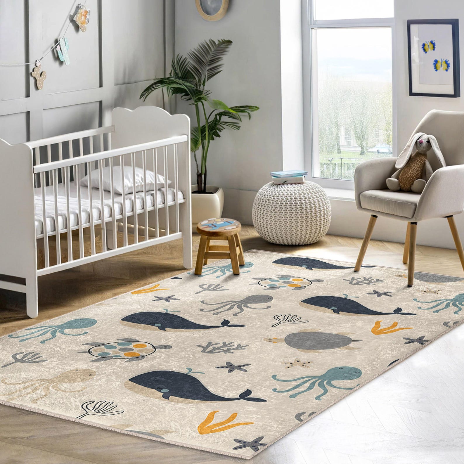Undersea Creatures Kids Room Rug - Sea Life Octopus Whale Nursery Decor ...