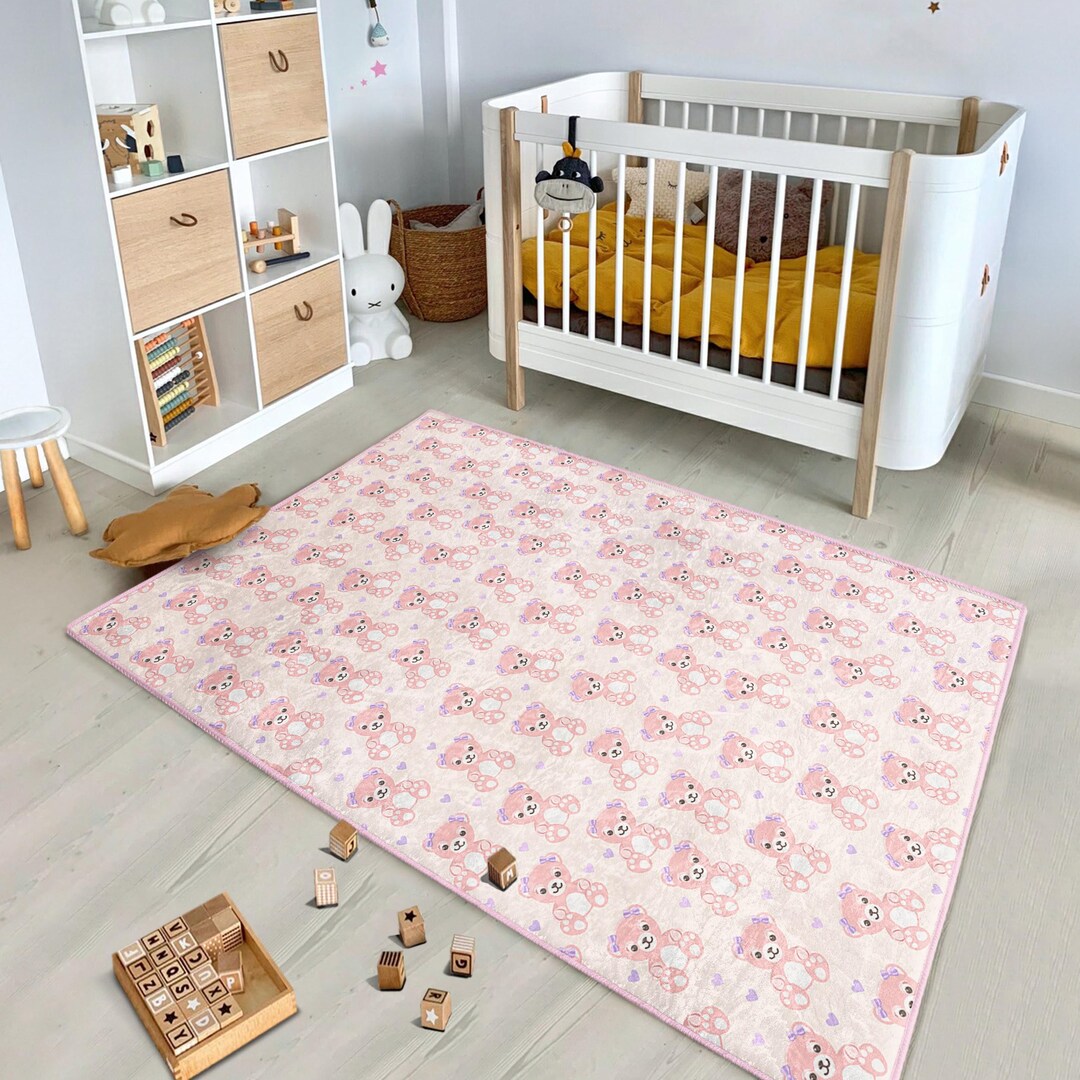 Pink Teddy Bear Nursery Rug - Cute Animal Pattern Rug - Children's Room ...
