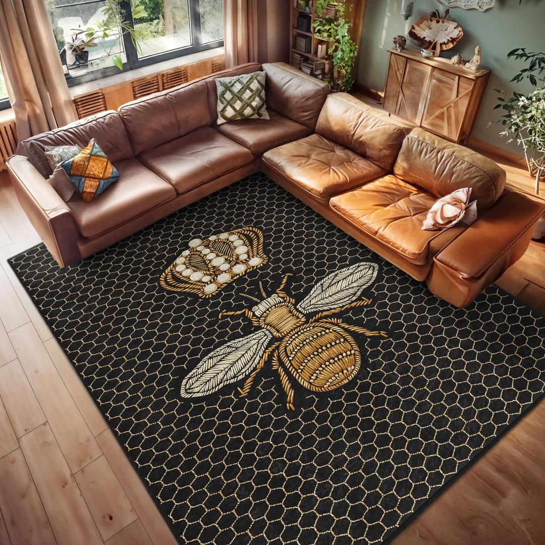 Buzzing Bee Area Rug - Honeycomb Art Carpet - Gold and Black Mat ...