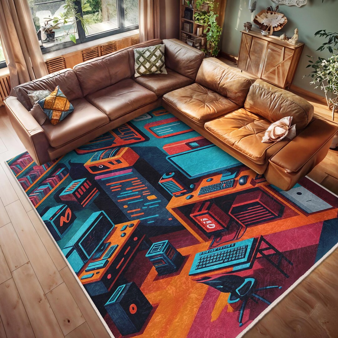 Retro Gaming Setup Area Rug - Futuristic Geometric Accent Carpet ...