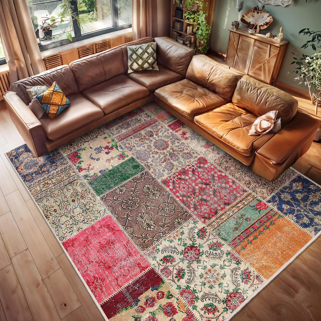 Vintage Patchwork Area Rug - Multicolor Floral Accent Rug - Boho Anti ...