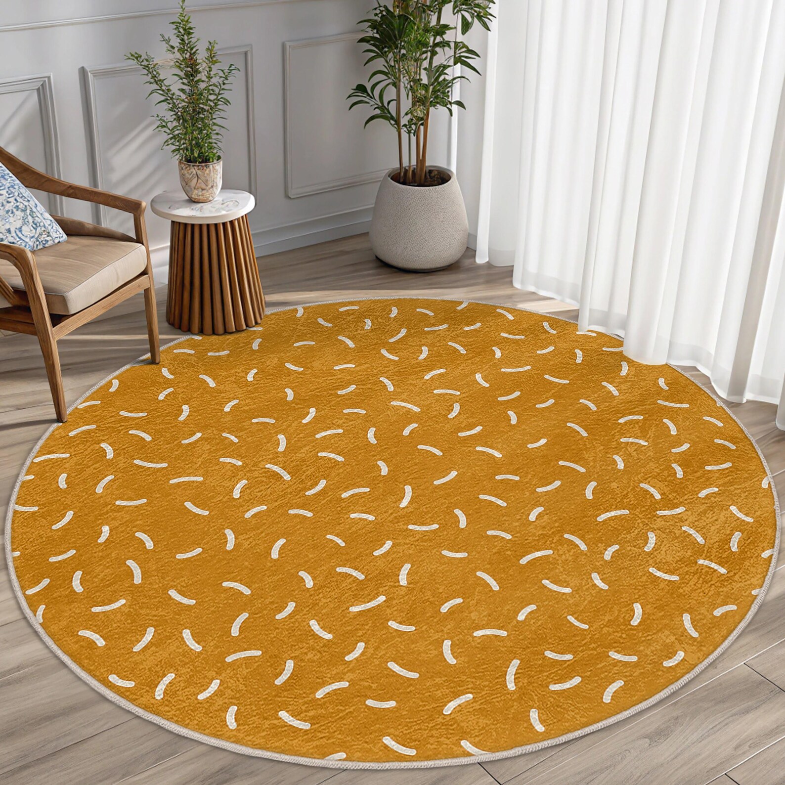 Mustard Sprinkle Pattern Round Rug - Dotted White Lines Area Carpet ...