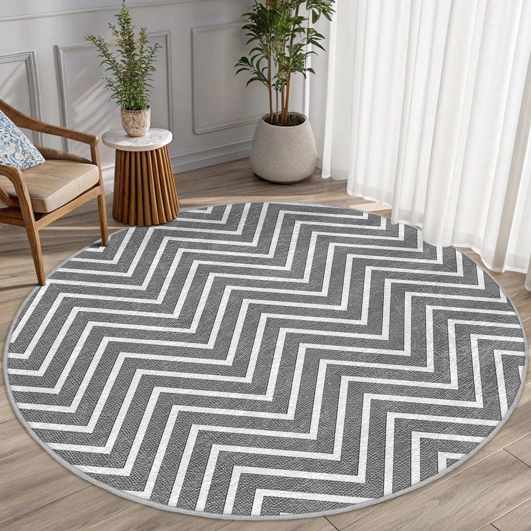 Chevron Zigzag Gray Round Rug - Geometric Pattern Circle Mat -stylish ...