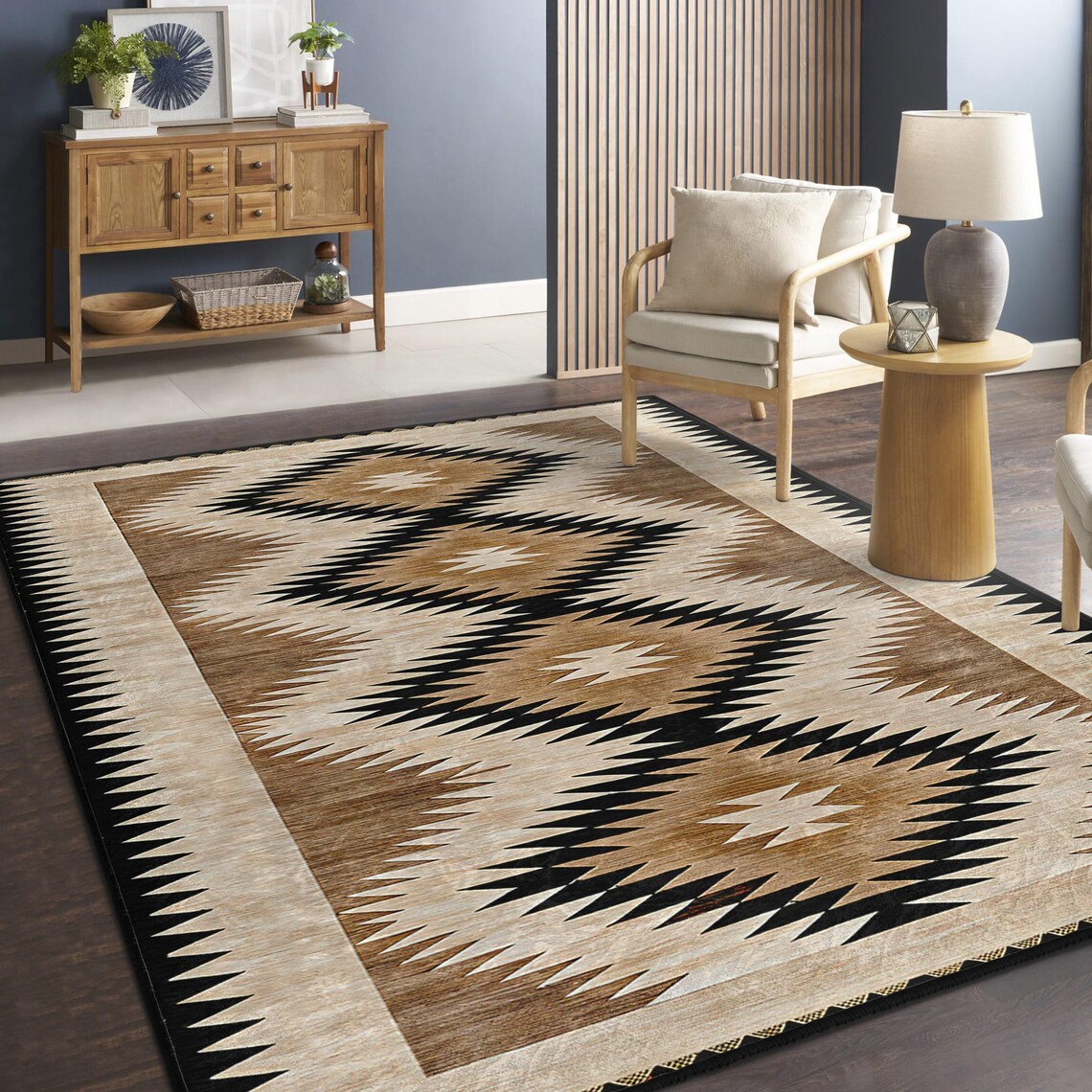 Aztec Tribal Area Rug - Brown Zigzag Check Rug - Rustic Non Slip Runner ...