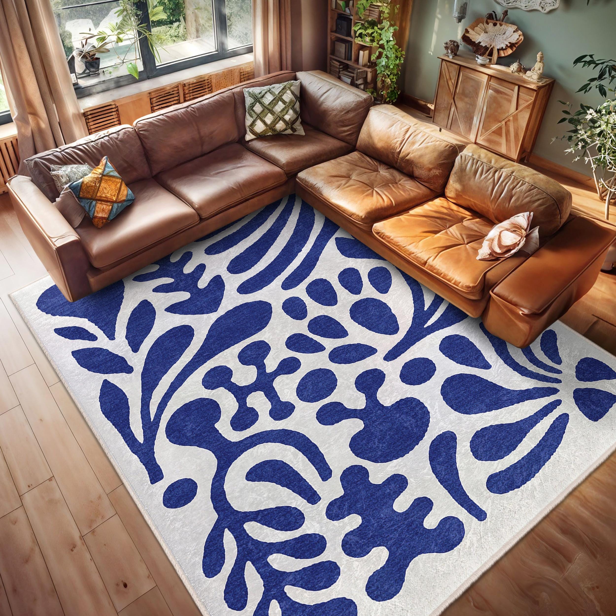 Abstract Blue Accent Rug - Bold Leaf Silhouette Carpet - Modern ...