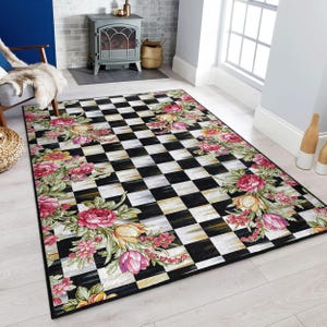 Checkered Floral Accent Rug - Black White Checkered Runner - Carpet ...