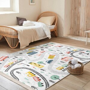 Nursery Road Map Rug-cars Train Tracks Mat-carpet for Kids Room ...