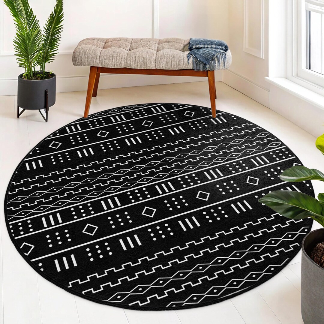 Black Geometric Stripes Round Rug-tribal Symbols Circle Carpet ...