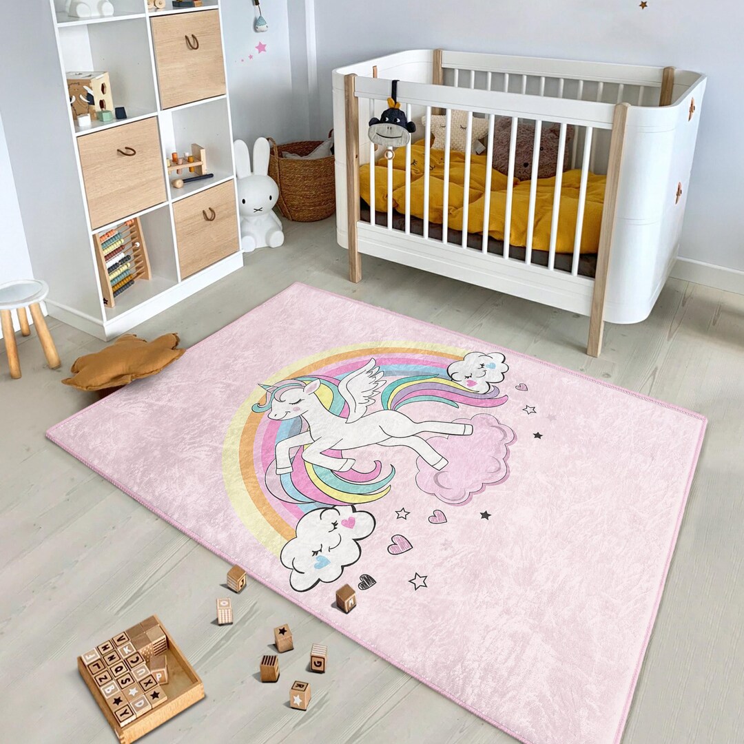 Unicorn Rainbow Rug - Pink Pastel Clouds Mat - Kids Room Area Rug ...
