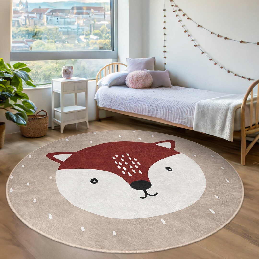 Cute Fox Face Kids Room Round Rug - Dotted Beige Animal Circle Carpet ...