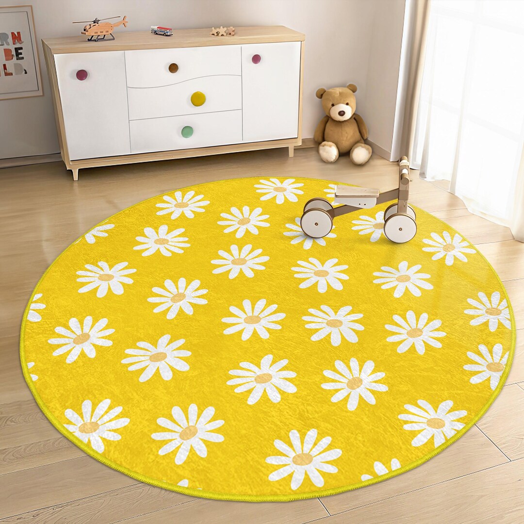 Daisy Yellow Kids Room Round Rug - Daisy Flower Pattern Circle Carpet ...