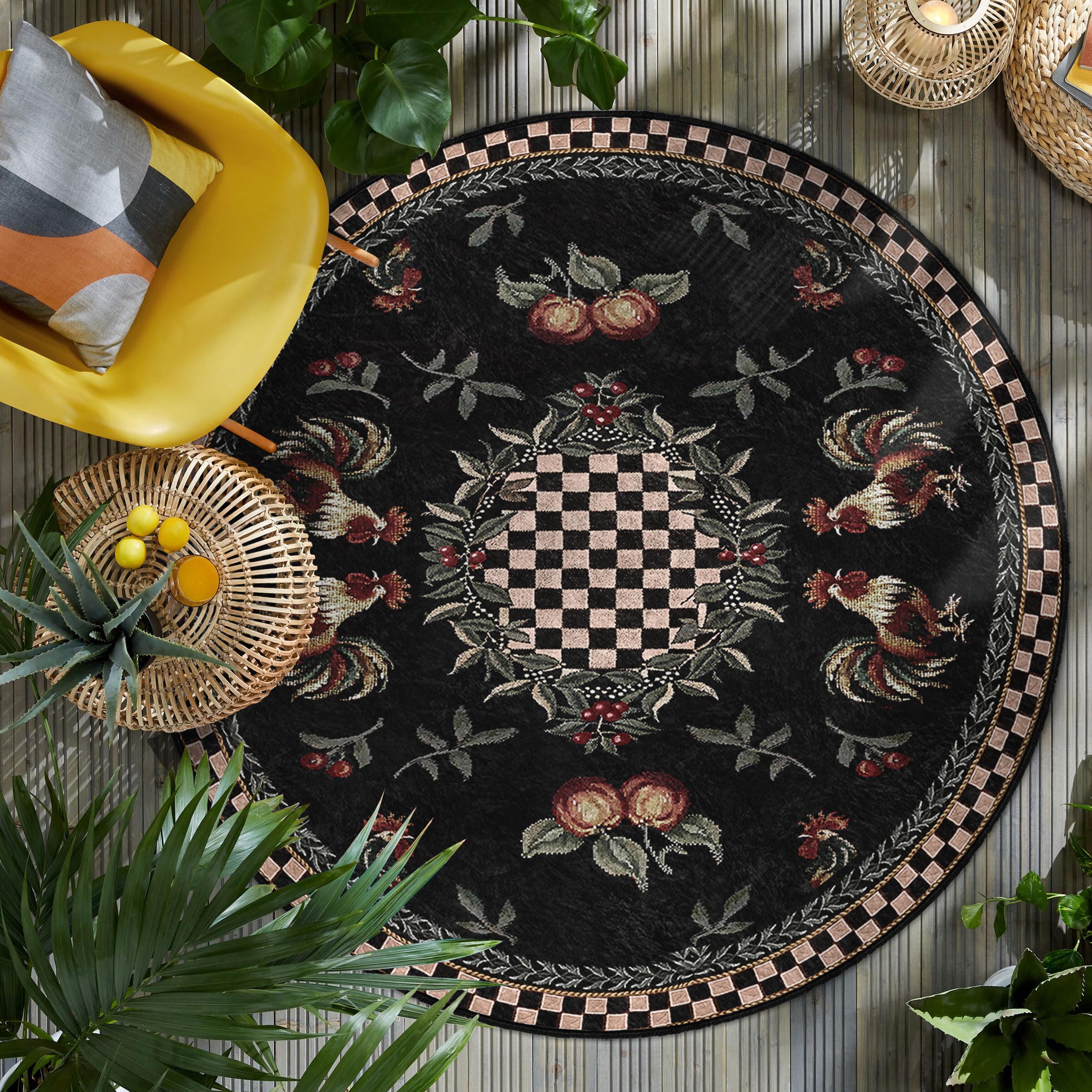 Checkerboard Rooster Round Rug - Floral French Pattern Circle Carpet ...