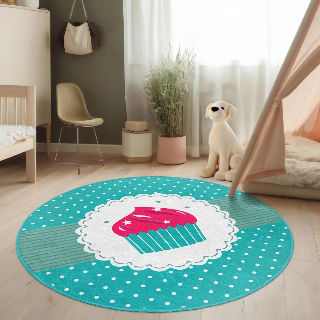 Cupcake Design Kids Room Round Rug-teal Polka Dot Circle Carpet-fun ...