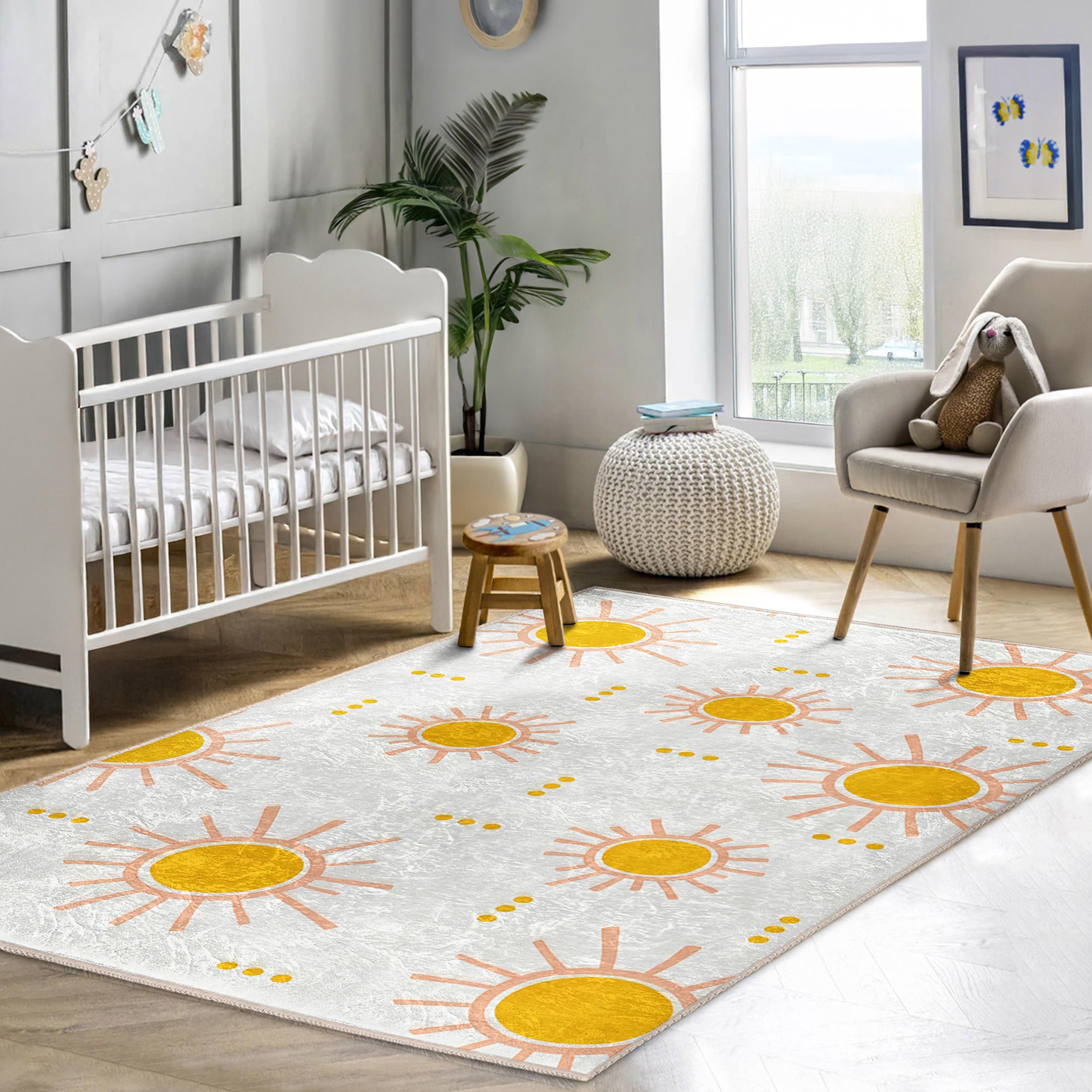 Sunburst Design Nursery Rug - Playful Yellow Sun Motif Mat - Kids Room ...