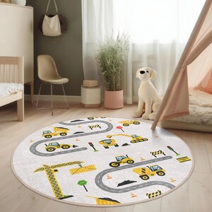 Yellow Construction Zone Theme Kids Room Round Rug - Roads Traffic ...