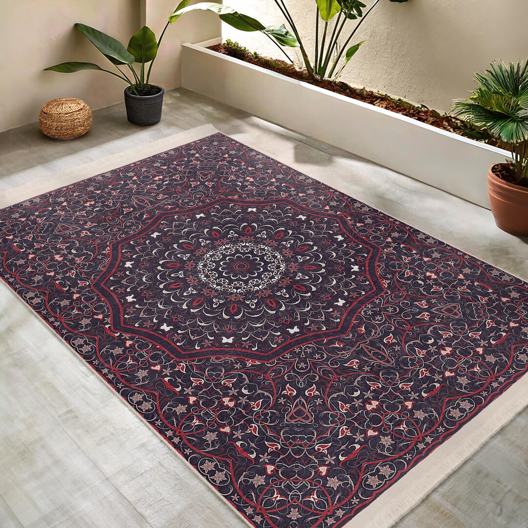 Circular Mandala Accent Rug - Red Floral Motif Rug - Intricate Blue ...