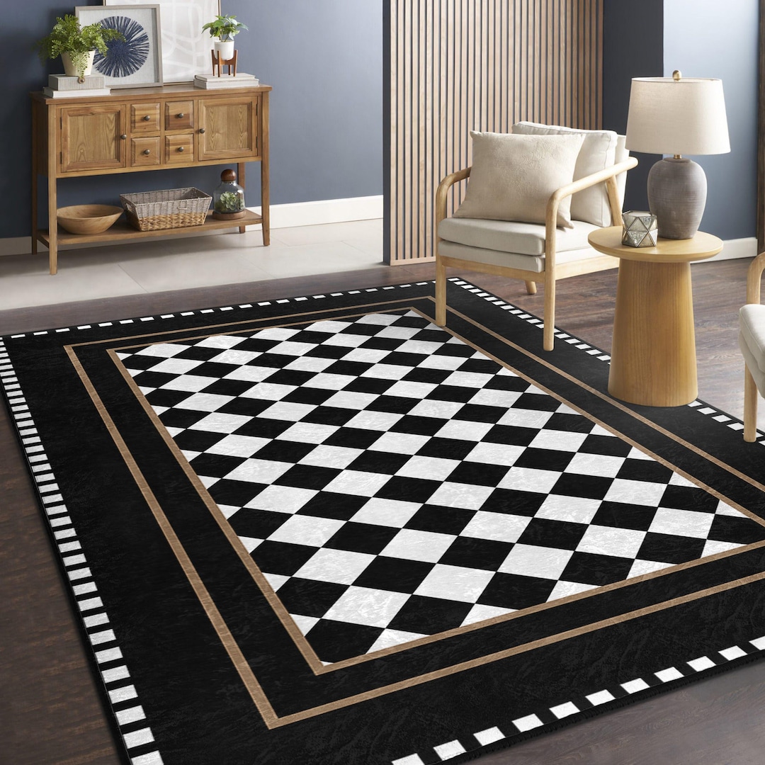 Black White Checkered Area Rug - Geometric Chessboard Pattern Carpet ...