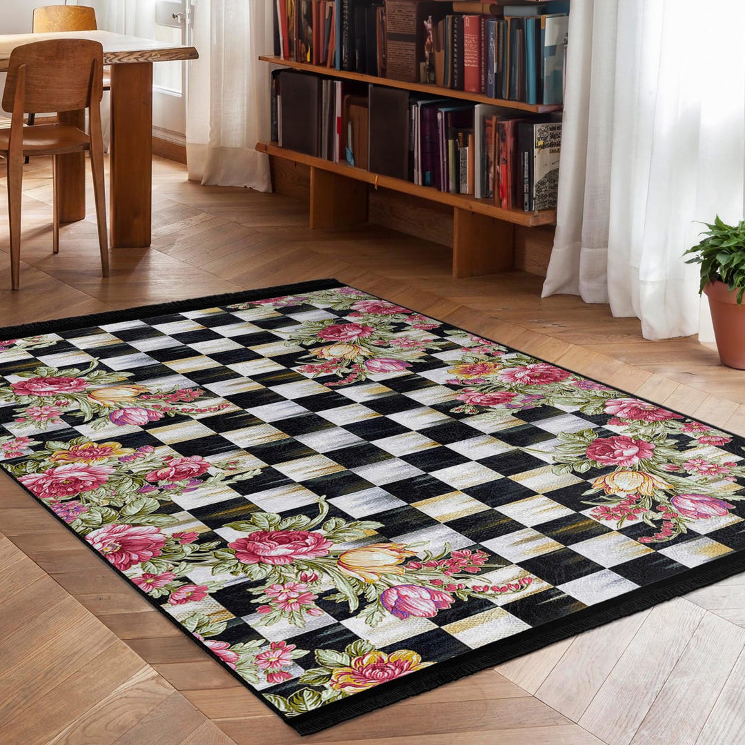 Checkered Floral Accent Rug - Black White Checkered Runner - Carpet ...