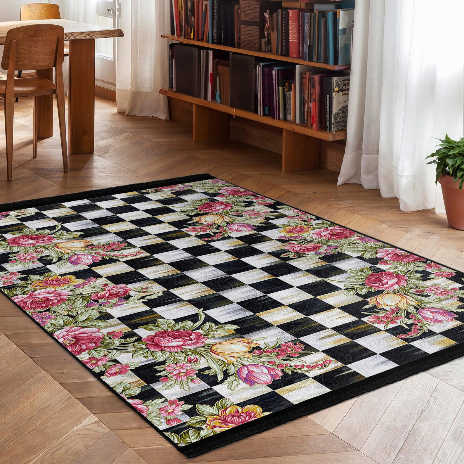 Checkered Floral Accent Rug - Black White Checkered Runner - Carpet ...