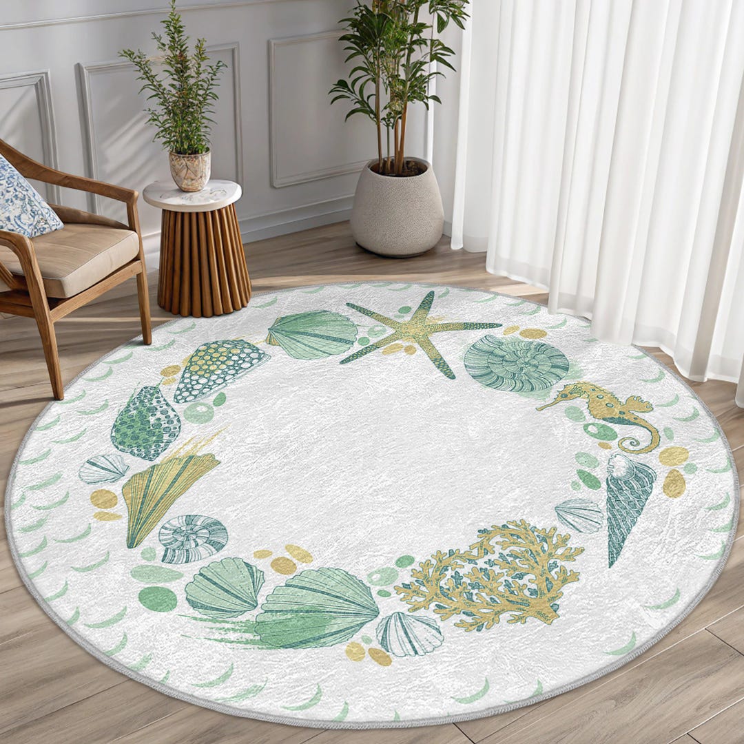 Coastal Seashell Oceanic Round Rug-coral Starfish Design Circle Carpet-seahorse Theme Round ...