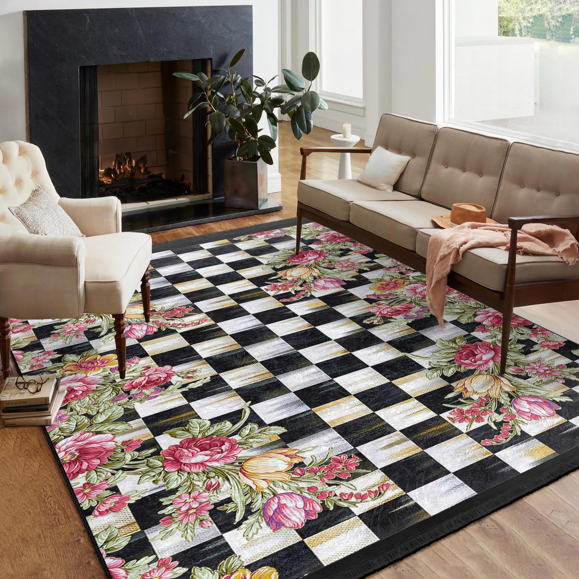 Checkered Floral Accent Rug - Black White Checkered Runner - Carpet ...