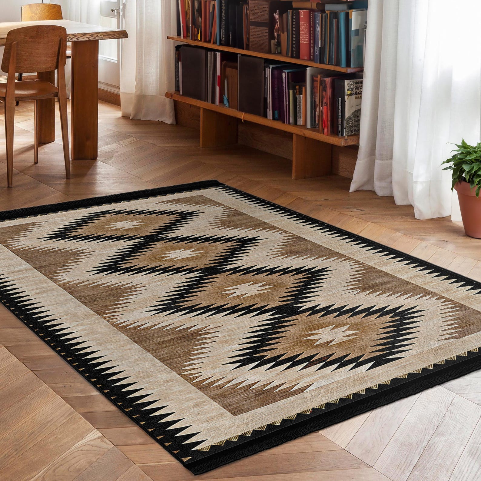 Aztec Tribal Area Rug - Brown Zigzag Check Rug - Rustic Non Slip Runner ...