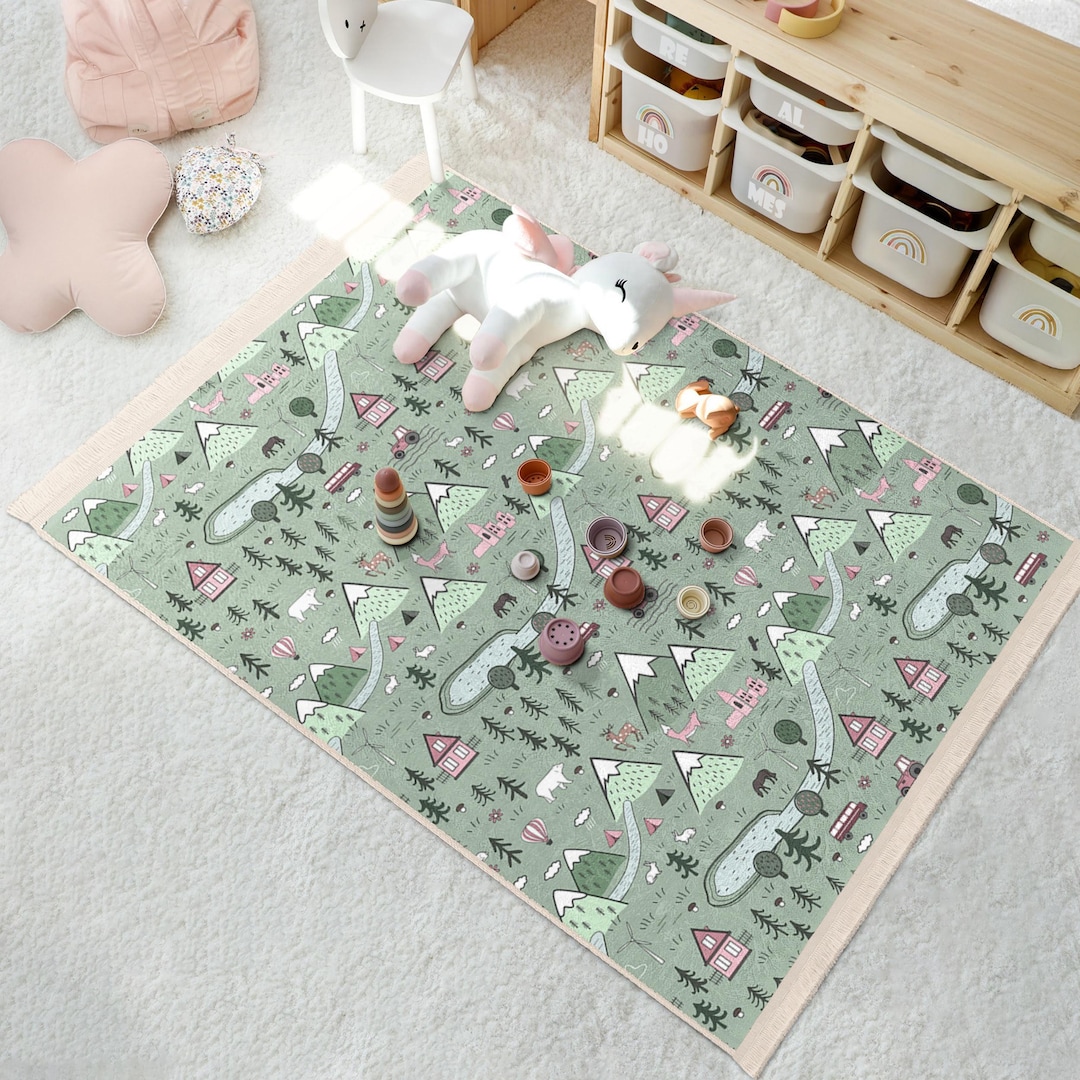 Whimsical Forest Adventure Rug - Woodland Animal Pattern Carpet - Green ...