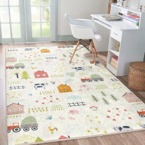 Farmhouse Kids Room Rug - Farmplay Tractor and House Nursery Carpet ...