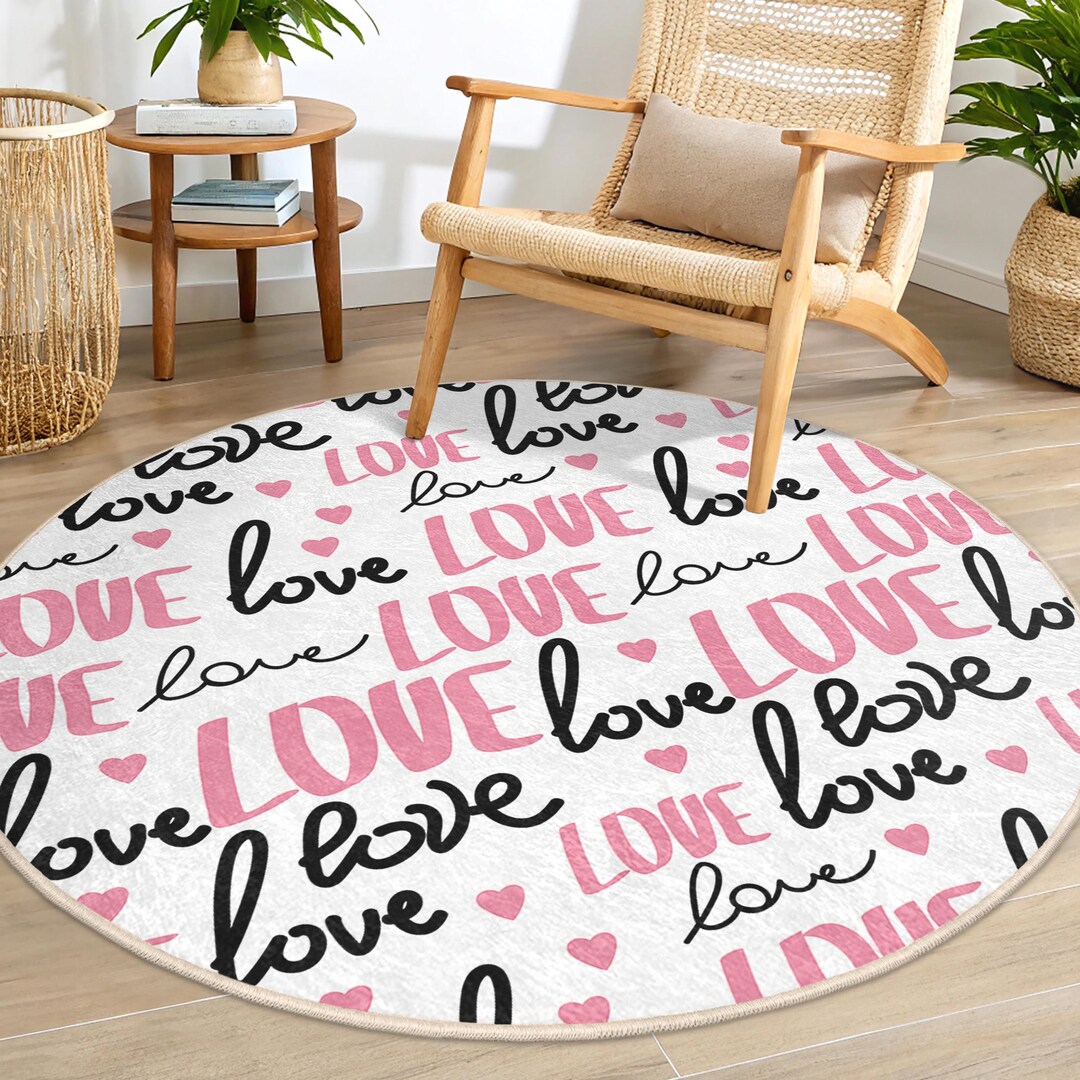 Love Scripted Hearts Round Rug - Pink Word Art Motif Circle Carpet ...