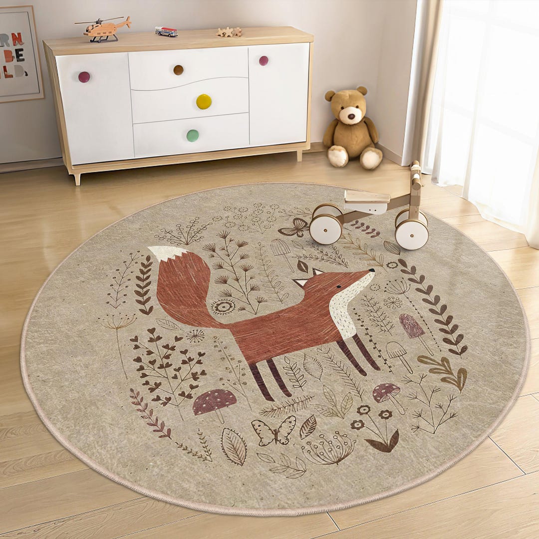 Natural Woodland Fox Kid's Room Round Rug -forest Animals Nature Scene ...