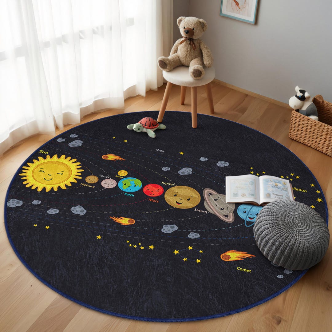 Solar System Kids Room Round Rug - Planet Orbit Black Circle Carpet ...
