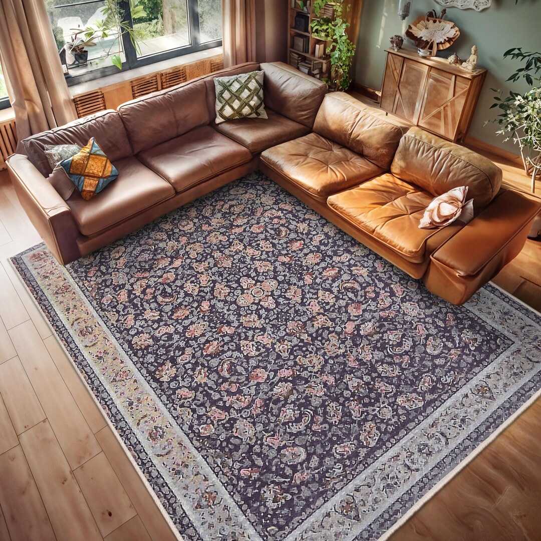 Navy Floral Area Rug - Blue Patterned Accent Mat - Traditional Square ...