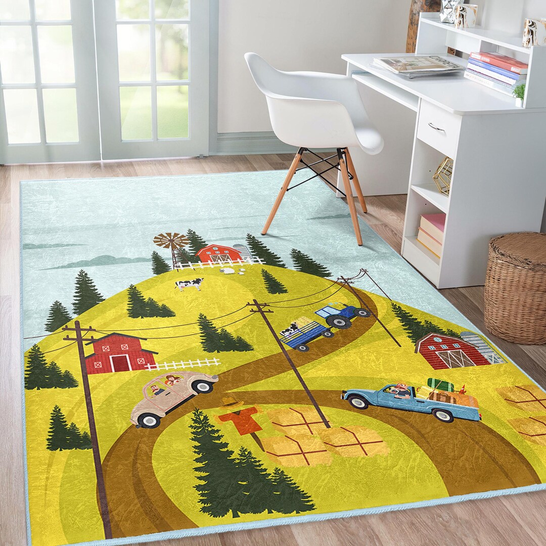 Country Farm Scene Rug -farmhouse Road Barns Mat-carpet for Kids Room ...