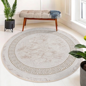 Greek Key Border Beige Round Rug - Geometric Pattern Circle Carpet ...