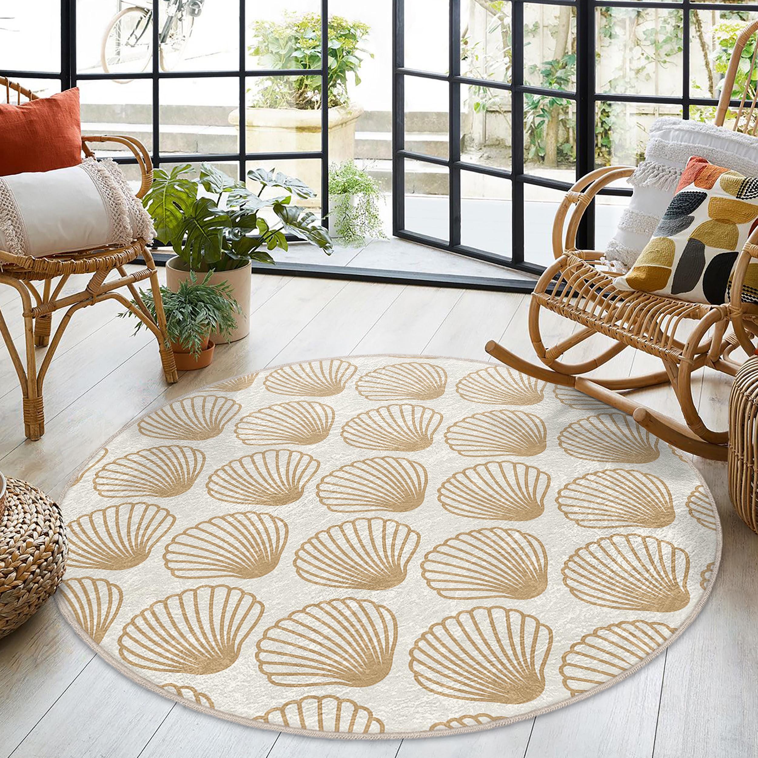 Elegant Shell Round Rug - Tan Wavy Shells Circle Carpet-coastal Decor ...