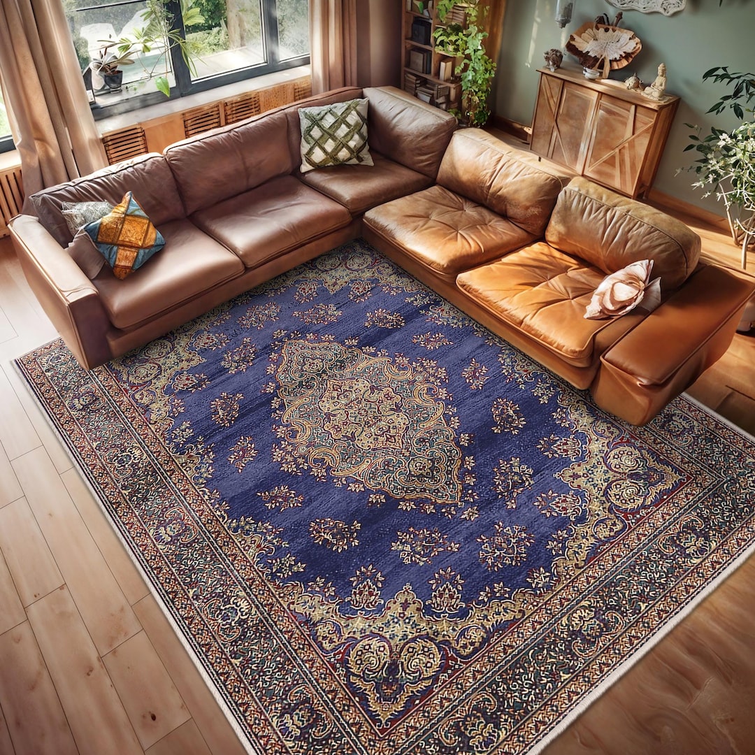 Blue Medallion Accent Rug - Ornate Floral Central Design Carpet ...