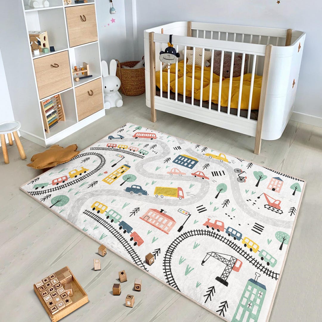 Nursery Road Map Rug-cars Train Tracks Mat-carpet for Kids Room ...