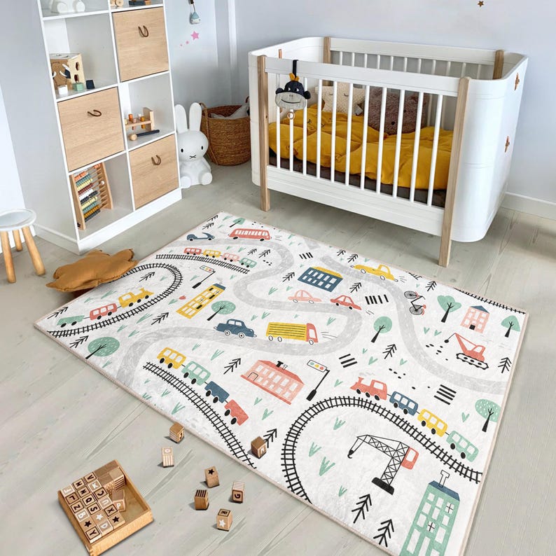 Carte routière pour chambre d'enfant, tapis voitures, voie ferrée ...