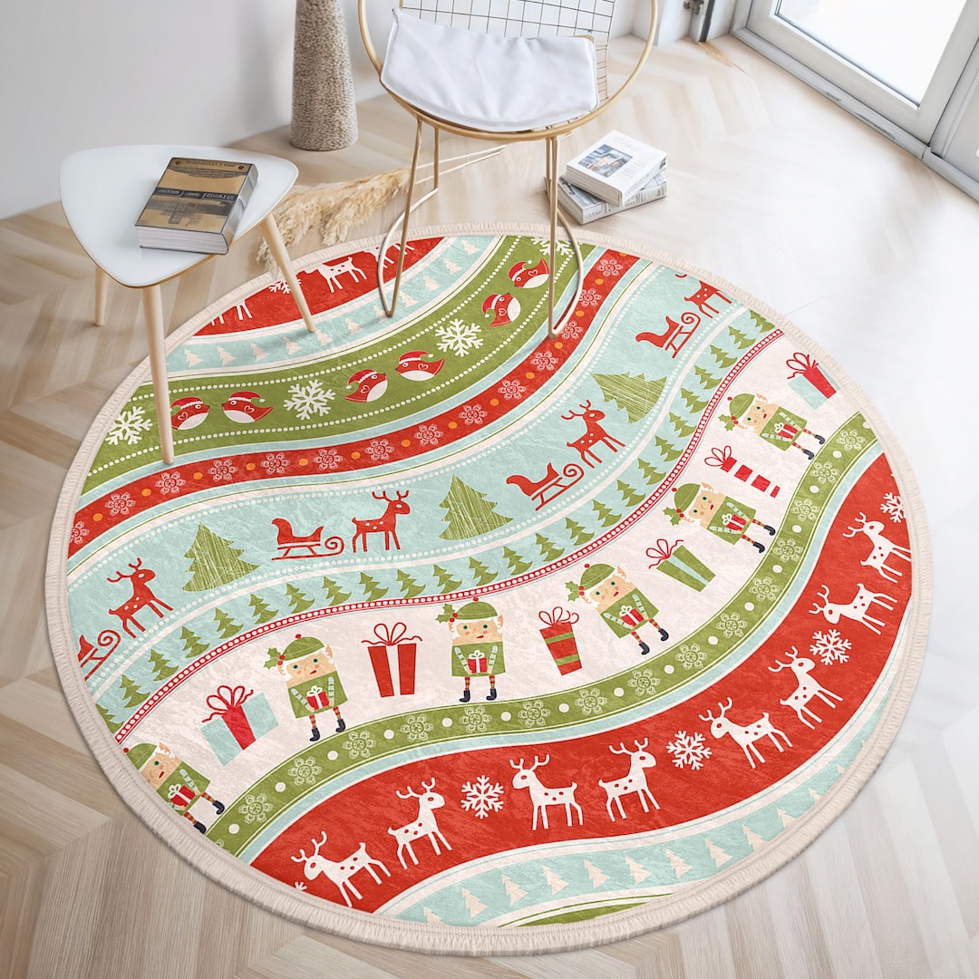 Festive Christmas Elf Round Rug - Jolly Reindeer Tree Pattern Circle ...