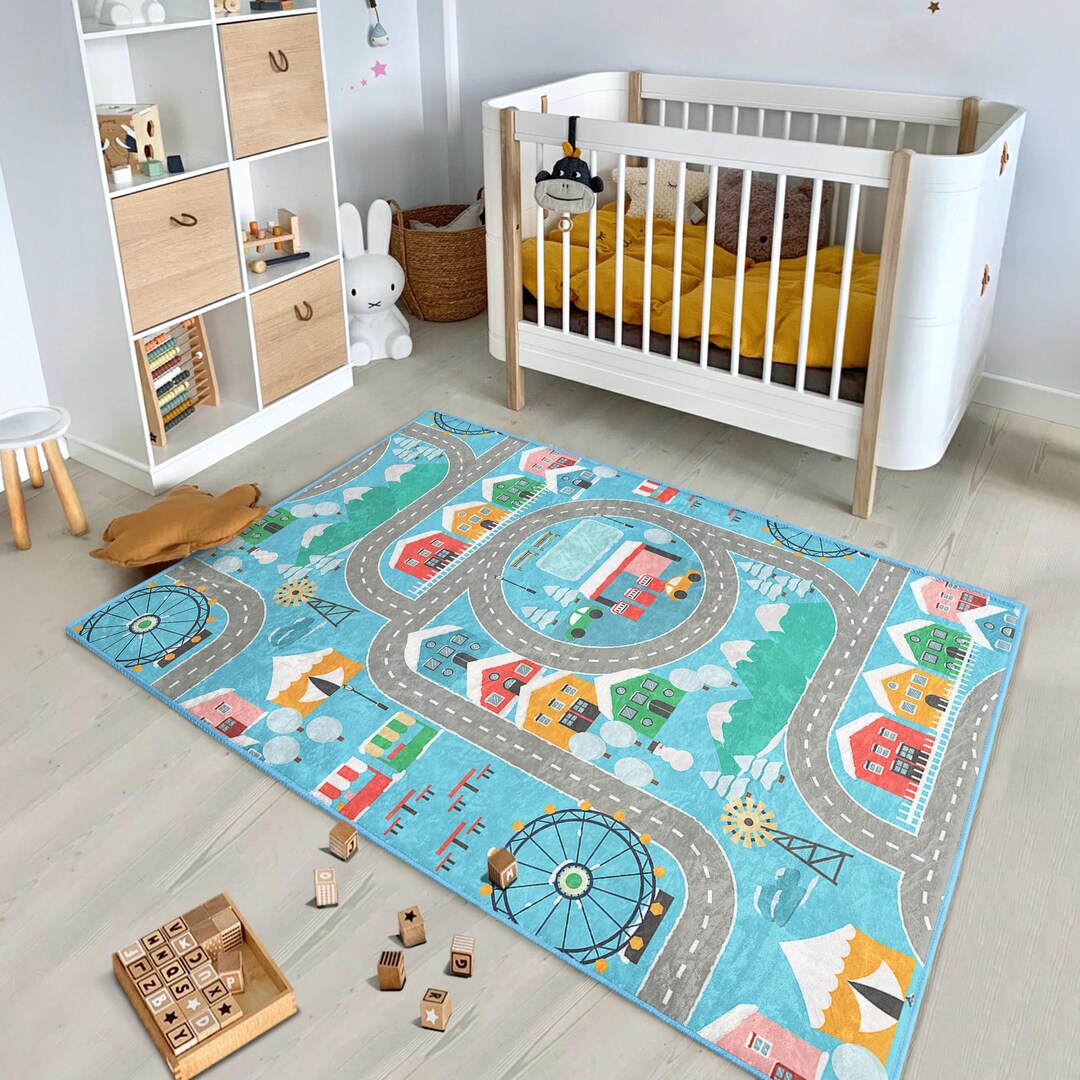 Playful Town Map Rug - Fun Road Adventure Mat - Kids Room Area Rug ...