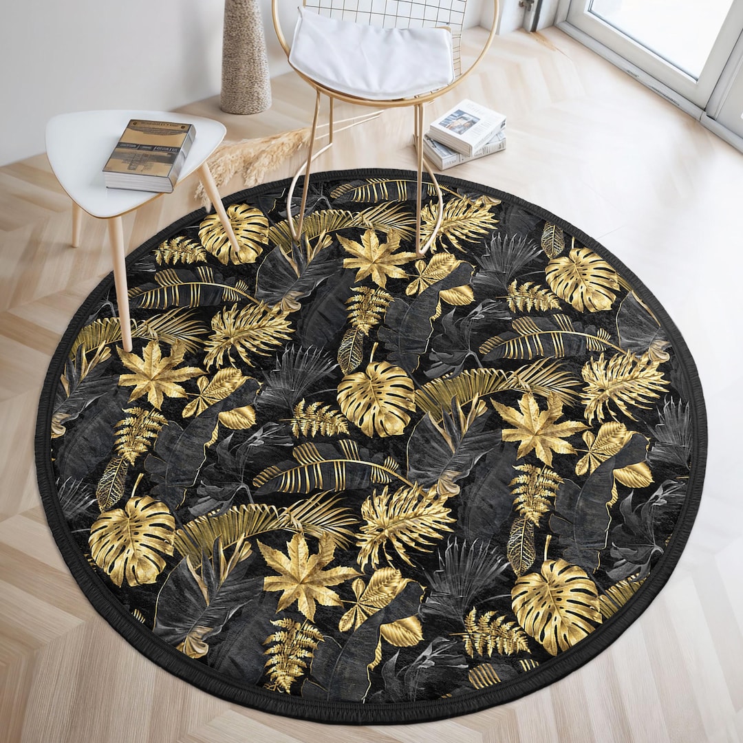 Tropical Leaf Black Gold Round Rug -tropic Palm Circle Carpet-lush ...