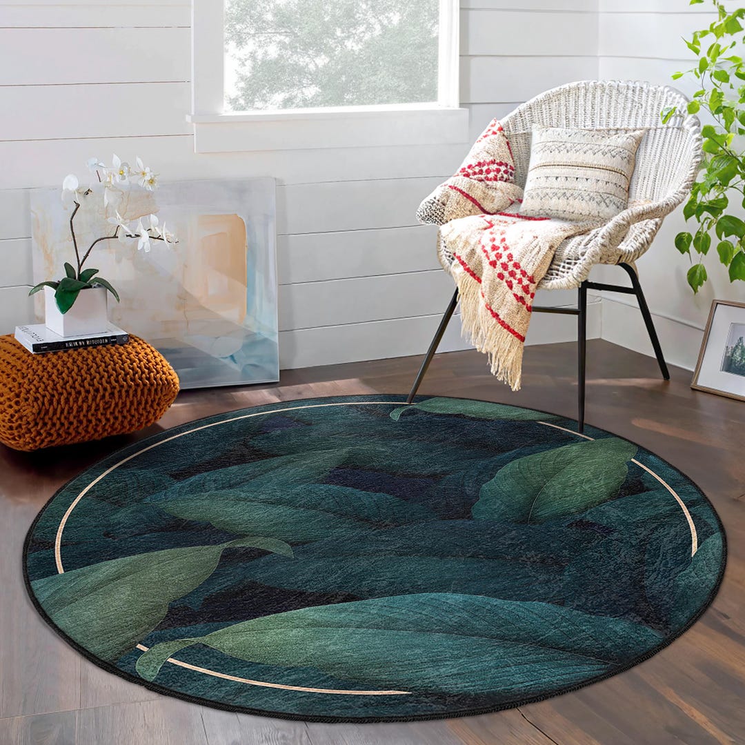 Leafy Green Botanical Round Rug - Green Leaf Pattern Area Rug ...