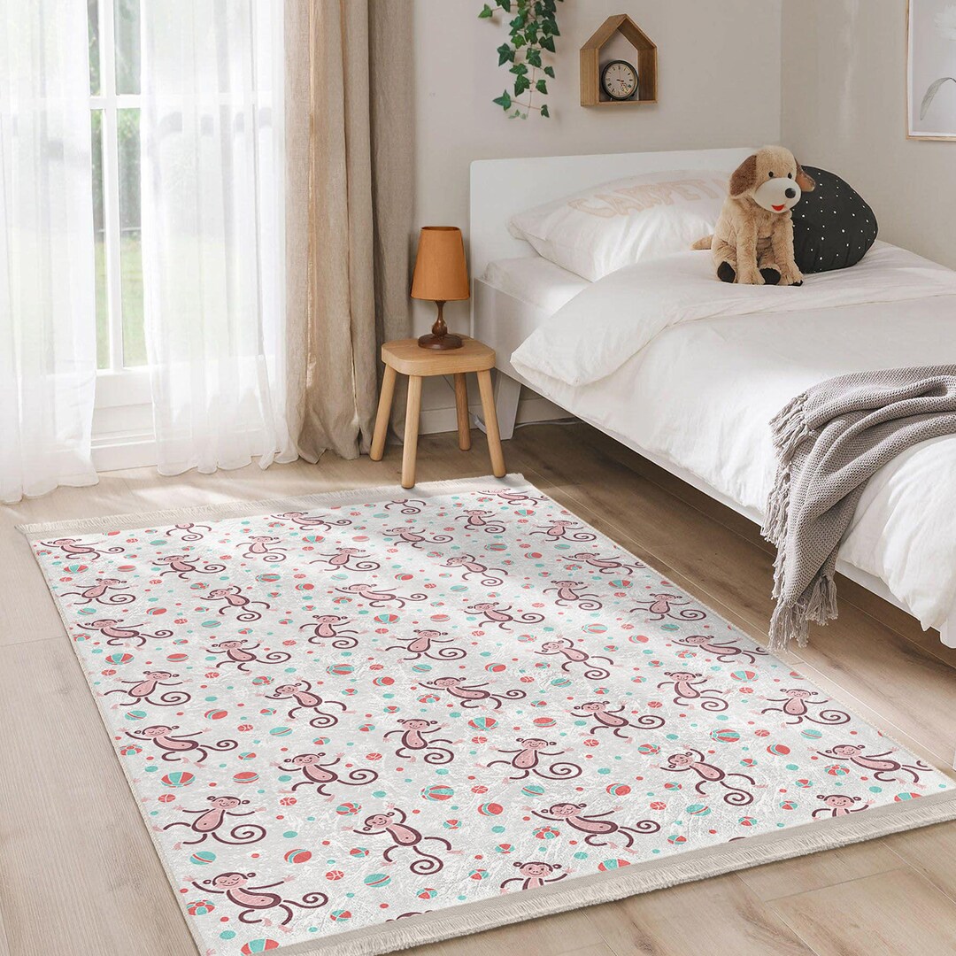 Cheerful Monkey Pattern Rug - Playful Pink Animals Mat - White Kids ...