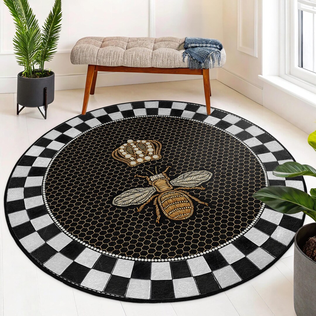 Golden Bee Hive Design Round Rug - Vintage Checkered Border Carpet-bee ...