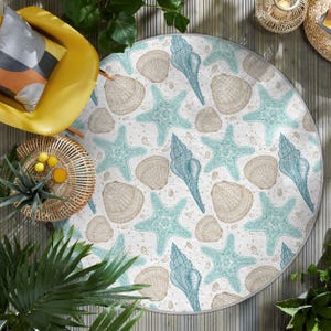 Aqua Starfish Seashell Round Rug -ocean Beach Motif Area Rug-coastal ...