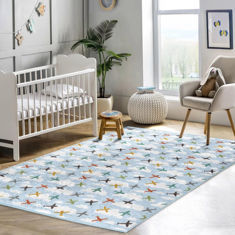 Sky Airplane Pattern Rug - Kid's Room Play Mat-blue Cloud Design Carpet ...
