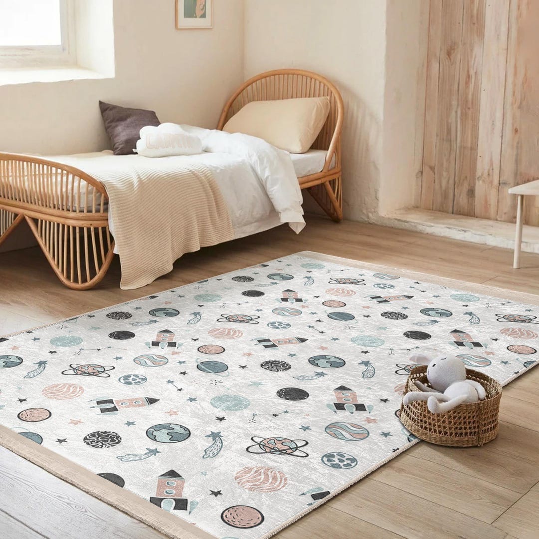 Space Adventure Kids Rug - Planets Rocket Stars Mat -playroom Area Rug ...