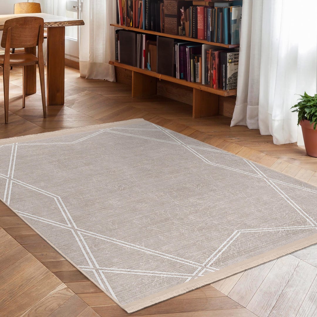 Neutral Geometric Line Area Rug -beige Bordered Accent Carpet-modern ...