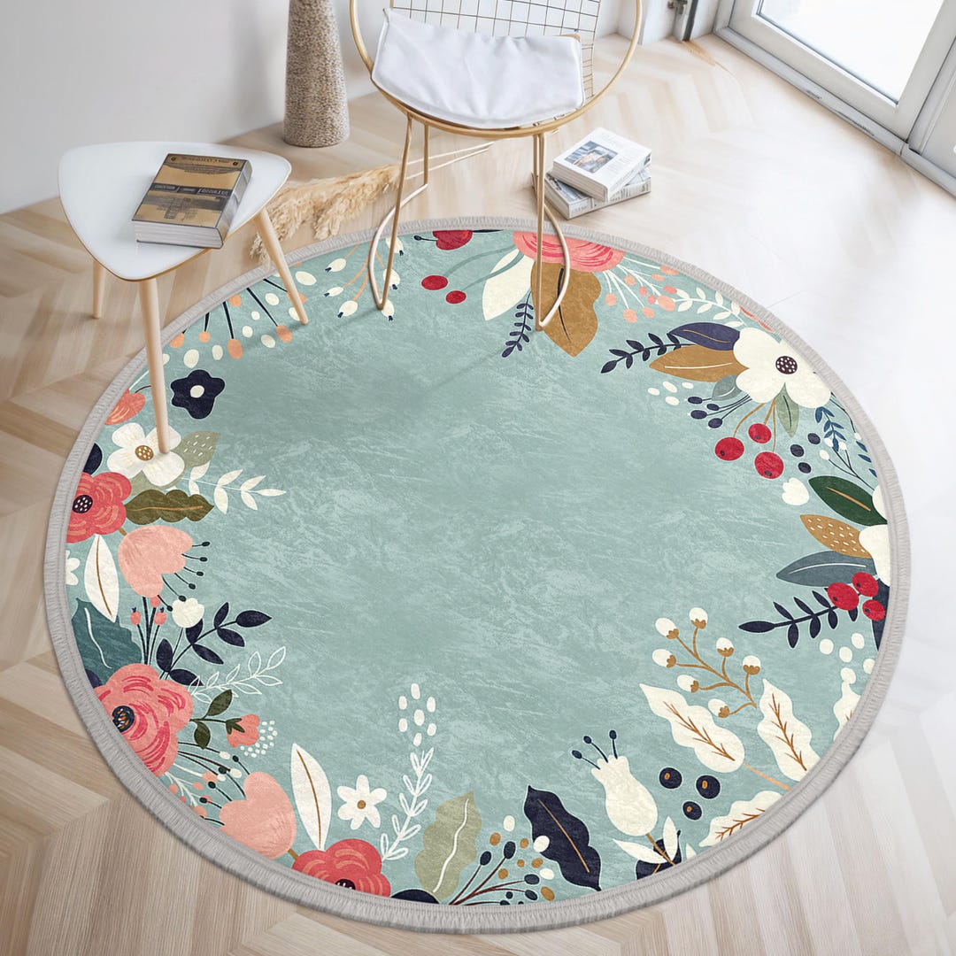 Floral Border Sage Round Rug - Botanical Motif Accent Rug - Elegant ...