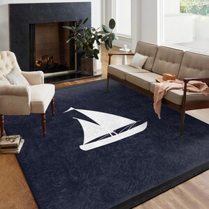 Nautical Sailboat Accent Rug - Sail Design Dark Surface Mat - Navy ...